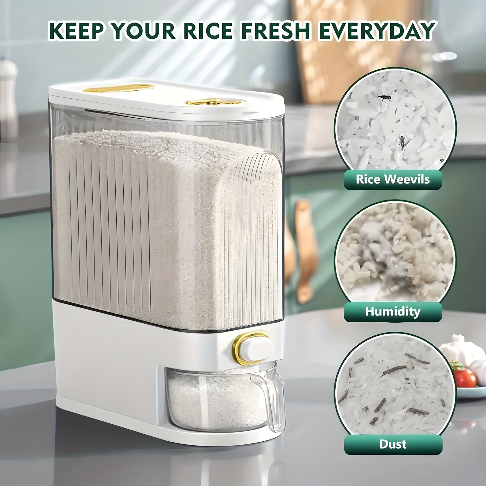 Large 10 kg/22 lb rice dispenser with measuring cup and opening lid ...
